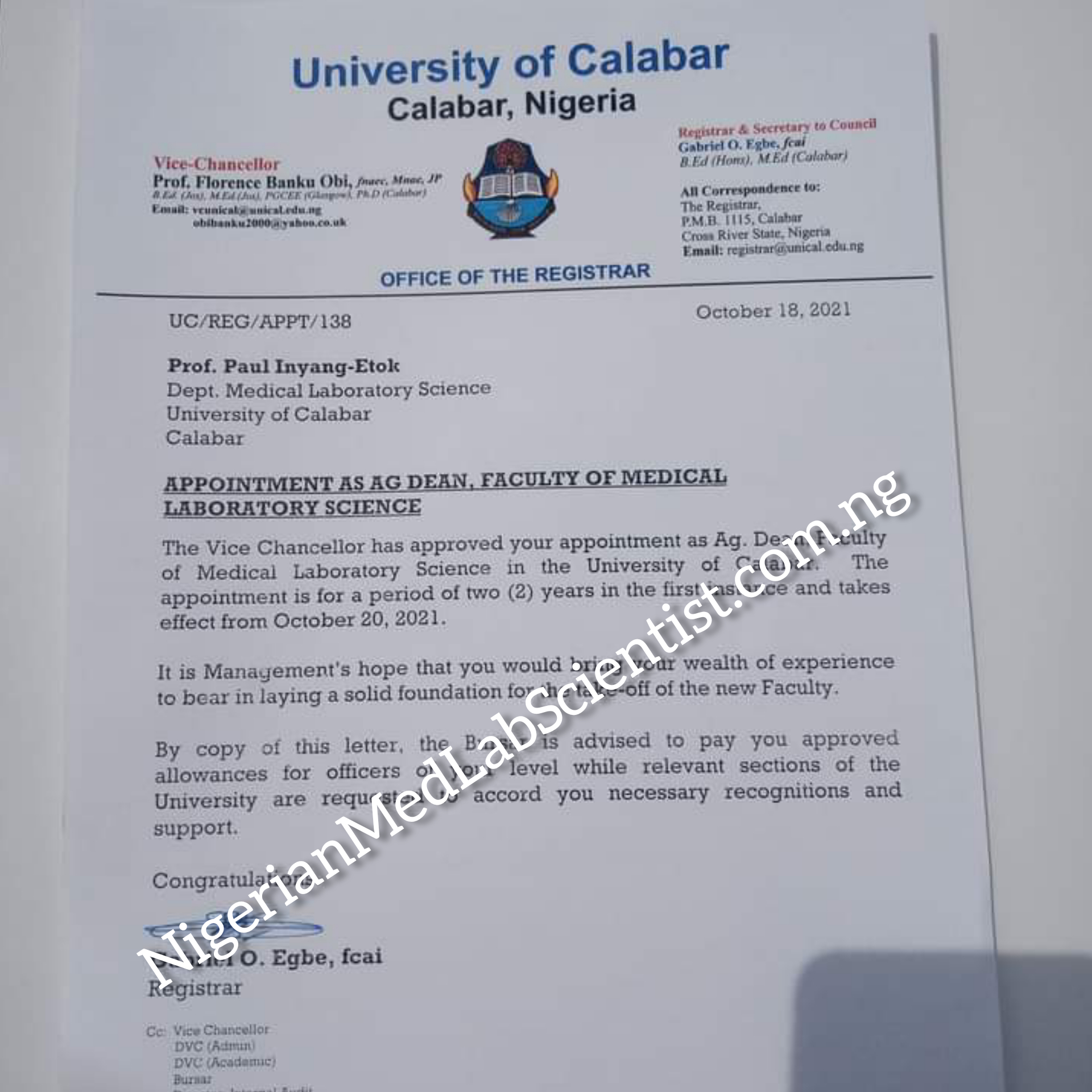 UNICAL: Meet the Acting Dean & HODs in the faculty of Medical Lab Science